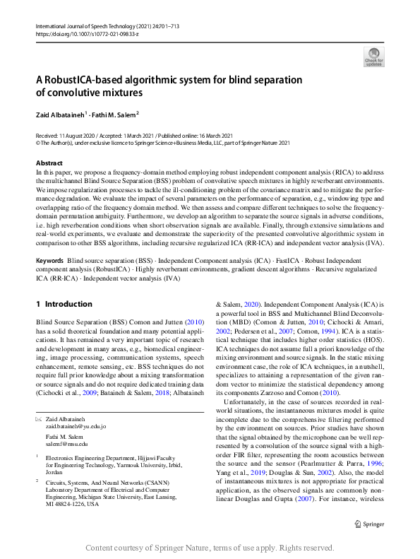 (PDF) Robust ICA for Blind Source Separation of Convolutive Mixtures