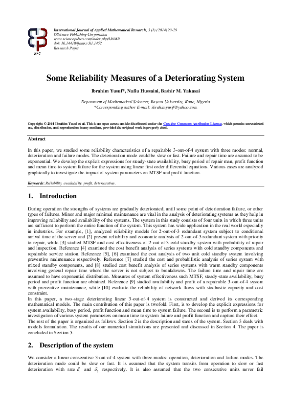 Pdf Some Reliability Measures Of A Deteriorating System