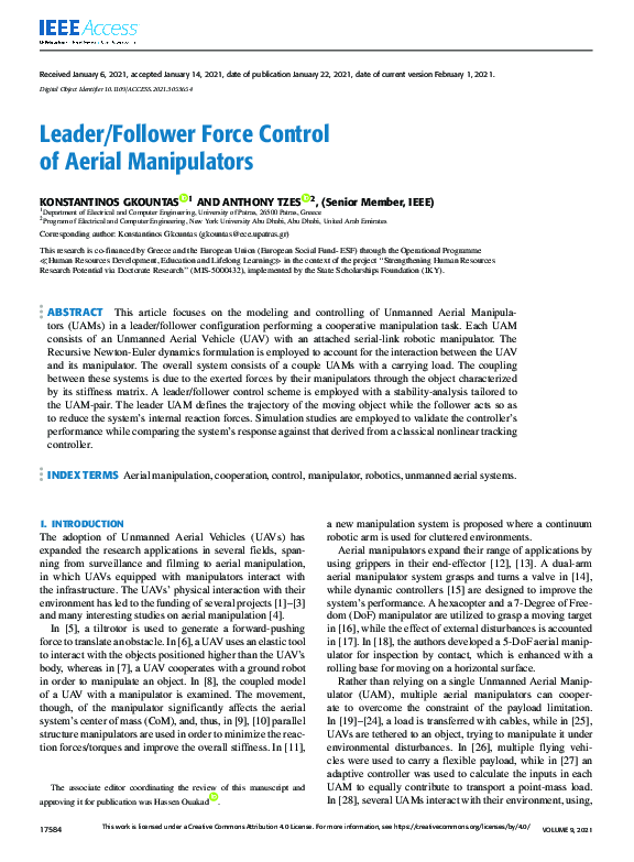 (PDF) Leader/Follower Force Control of Aerial Manipulators