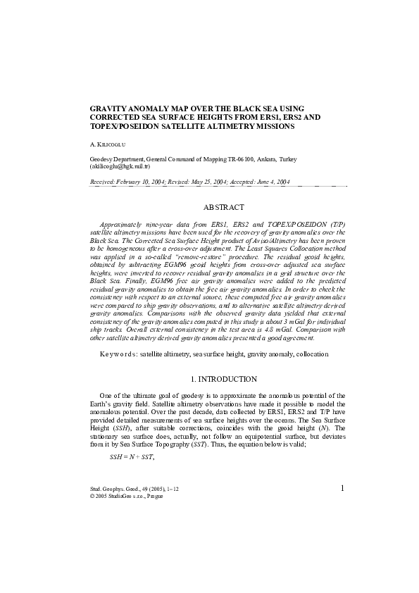 (PDF) Gravity Anomalies in the Black Sea from Altimetry