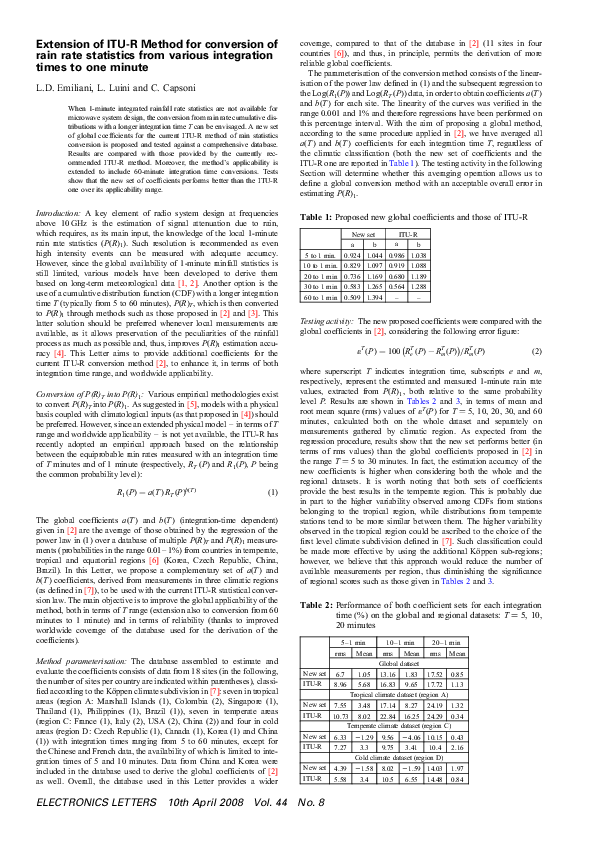 (PDF) Extension of ITU-R Method for conversion of rain rate statistics ...