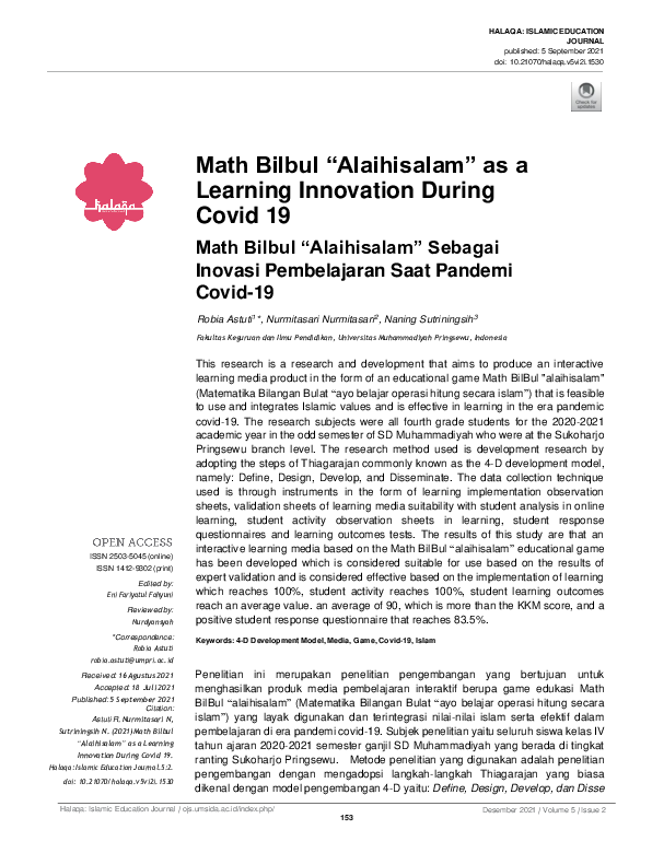 (PDF) Math Bilbul “Alaihisalam” as a Learning Innovation During Covid 19 | Robia Astuti ...