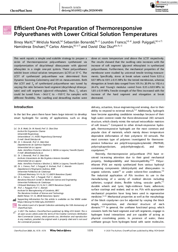 (PDF) Efficient One‐Pot Preparation of Thermoresponsive Polyurethanes ...