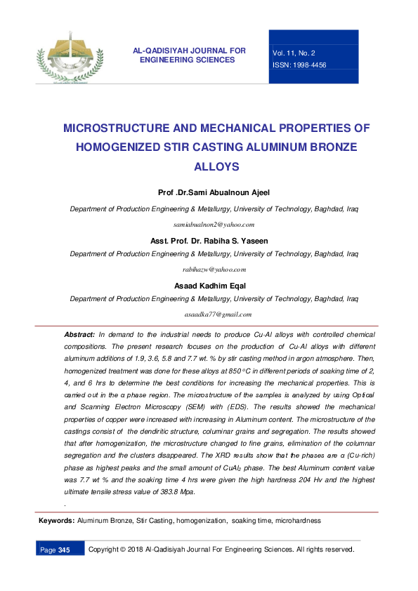 (PDF) Microstructure and Mechanical Properties of Homogenized Stir Casting Aluminum Bronze ...