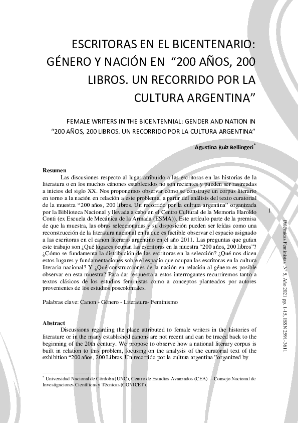 (PDF) ESCRITORAS EN EL BICENTENARIO: GÉNERO Y NACIÓN EN "200 AÑOS, 200 ...
