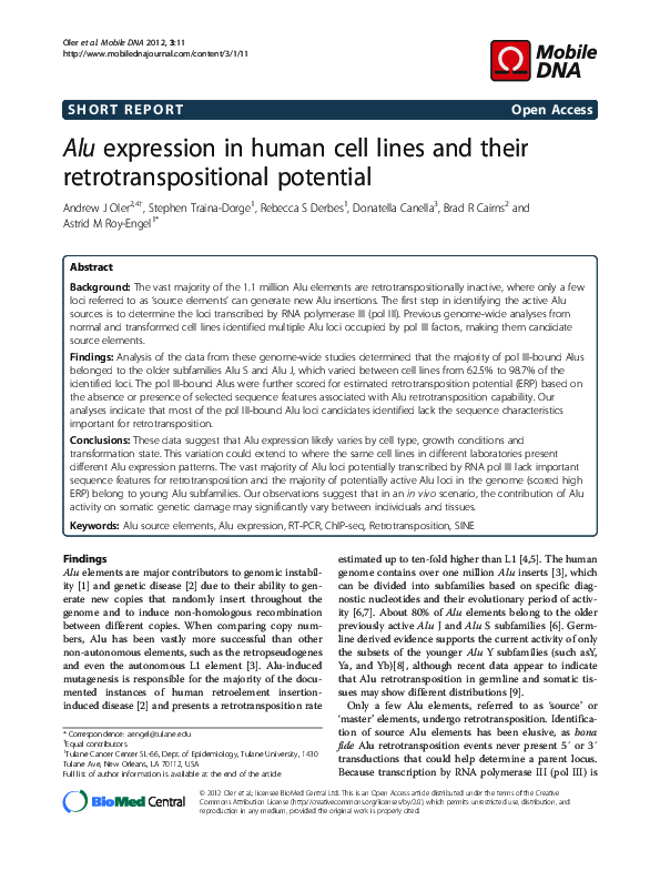 (PDF) Alu expression in human cell lines and their retrotranspositional ...