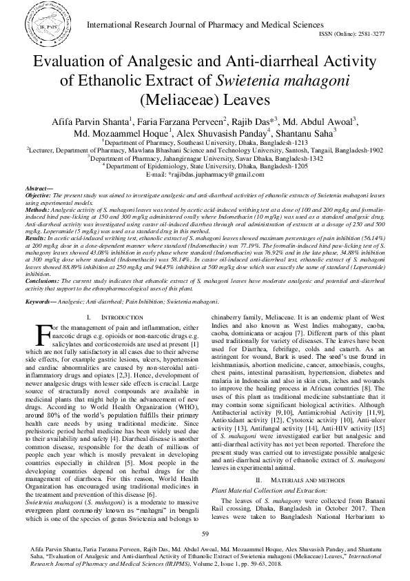 (PDF) Evaluation of Analgesic and Anti-diarrheal Activity of Ethanolic Extract of Swietenia ...