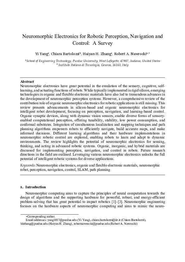 (PDF) Neuromorphic Electronics for Robotic Perception, Navigation and Control: A Survey