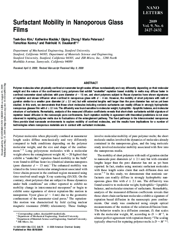 (PDF) Surfactant Mobility in Nanoporous Glass Films