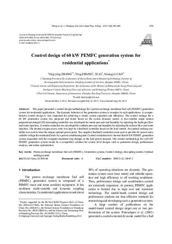(PDF) Control design of 60 kW PEMFC generation system for residential applications