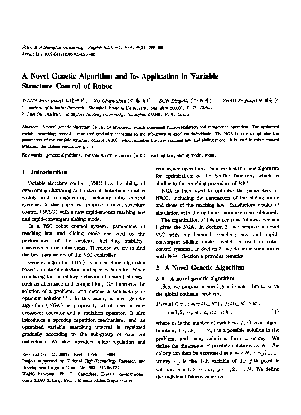 Pdf A Novel Genetic Algorithm And Its Application In Variable Structure Control Of Robot
