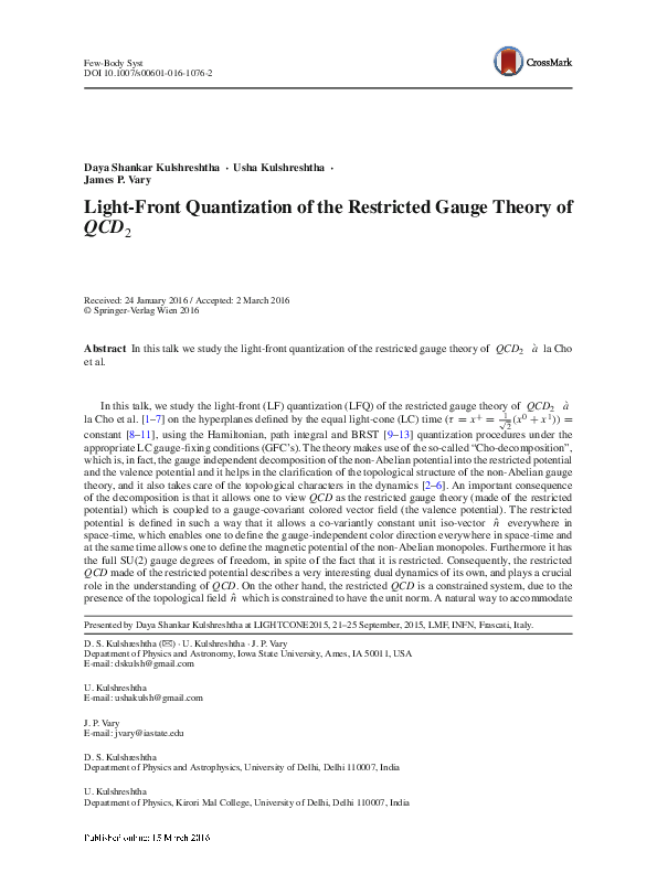 (PDF) Light-Front Quantization of the Restricted Gauge Theory of QCD 2 | Dr. Usha Kulshreshtha ...