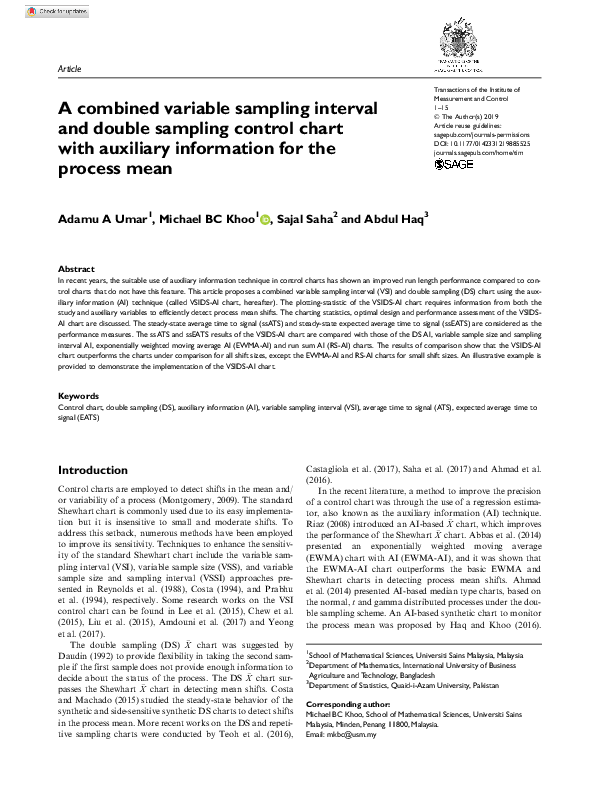 (PDF) A combined variable sampling interval and double sampling control chart with auxiliary ...