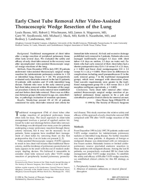 Pdf Early Chest Tube Removal After Video Assisted Thoracoscopic Wedge Resection Of The Lung