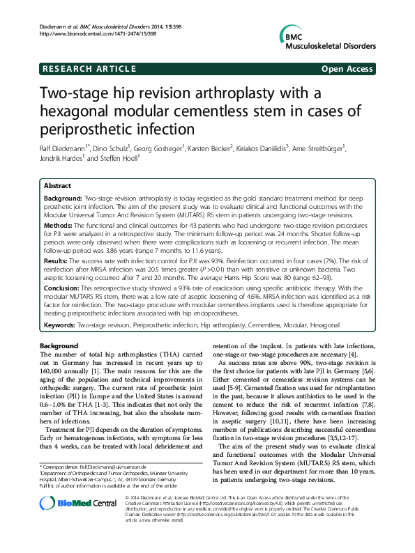 (PDF) Two-stage hip revision arthroplasty with a hexagonal modular cementless stem in cases of ...
