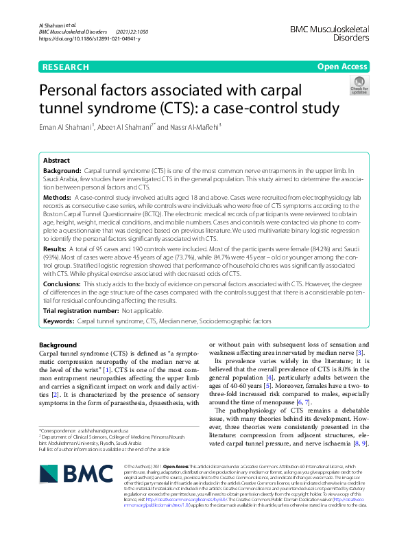 (PDF) Personal factors associated with carpal tunnel syndrome (CTS): a case-control study