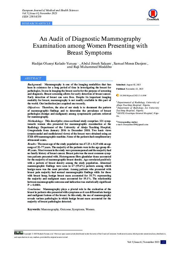 (PDF) An Audit of Diagnostic Mammography Examination among Women ...