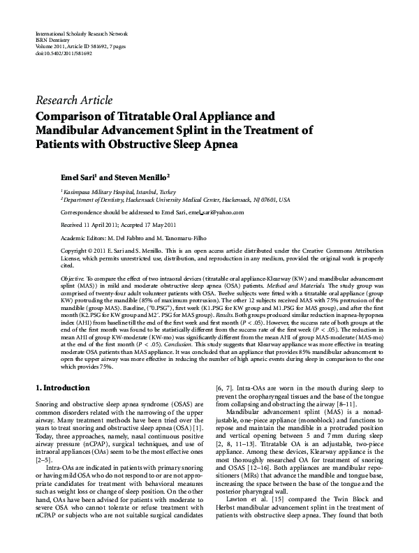 (PDF) Comparison of Titratable Oral Appliance and Mandibular ...