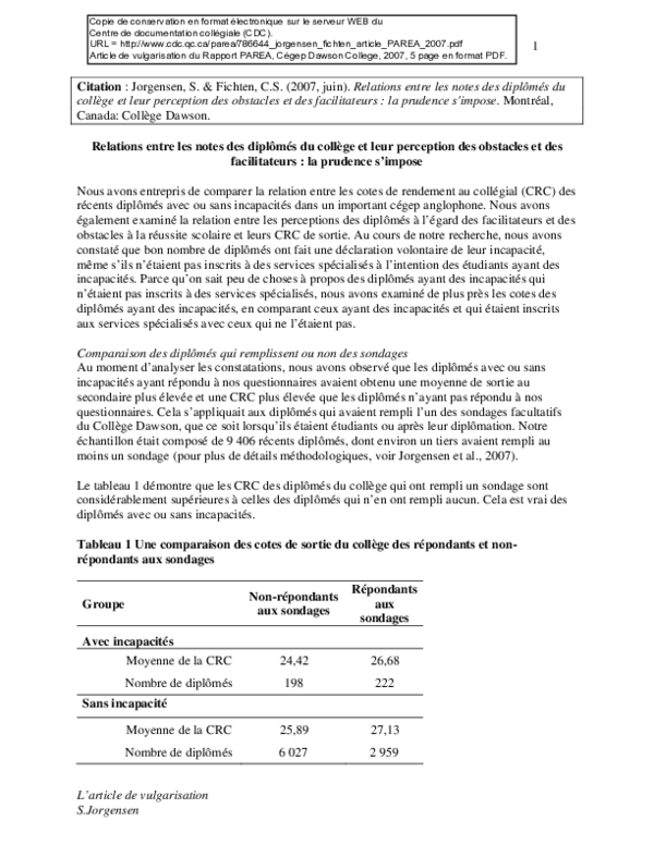 (PDF) Relations entre les notes des diplômés du collège et leur ...