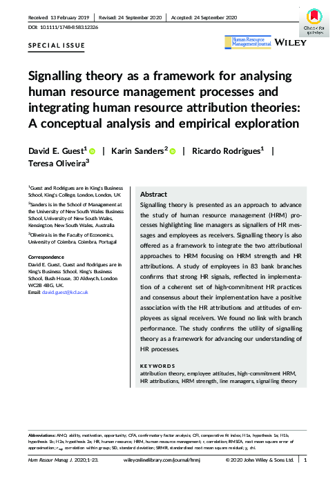 (PDF) Signalling theory as a framework for analysing human resource management processes and ...