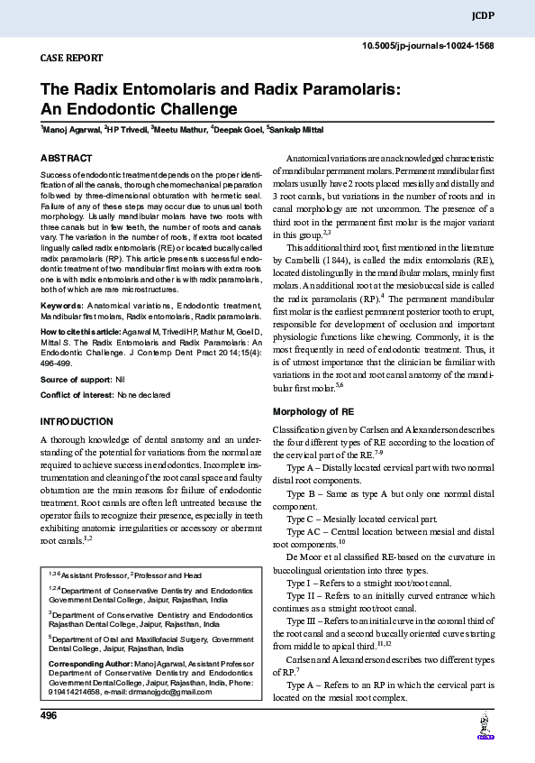 (PDF) The Radix Entomolaris and Radix Paramolaris: An Endodontic Challenge