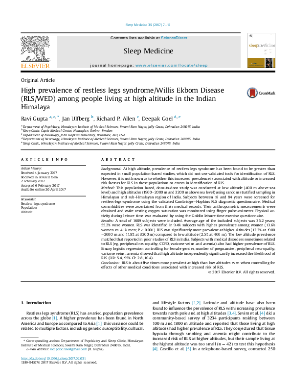 (PDF) High prevalence of restless legs syndrome/Willis Ekbom Disease ...