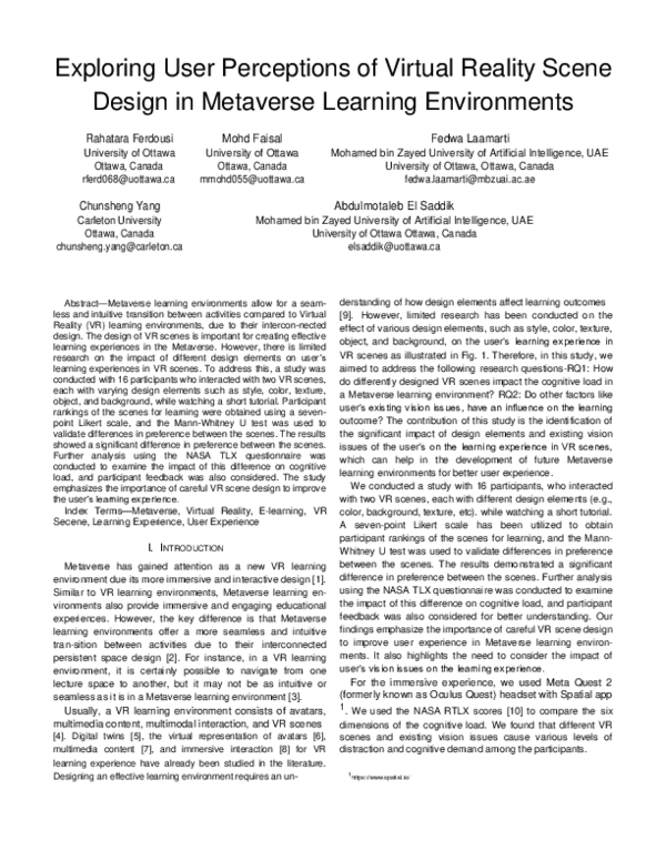 Pdf Exploring User Perceptions Of Virtual Reality Scene Design In