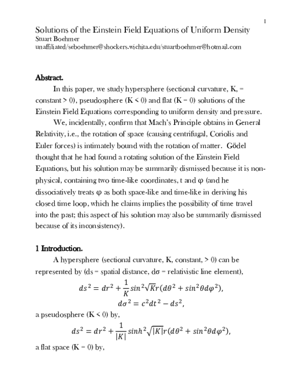 (PDF) Solutions of the Einstein Field Equations of Uniform Density