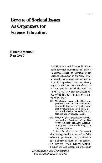 (PDF) Beware of Societal Issues As Organizers for Science Education