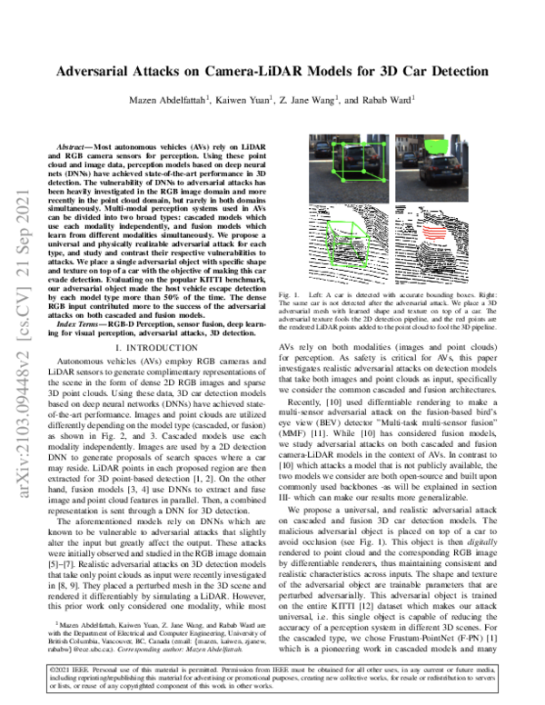 (PDF) Adversarial Attacks on Camera-LiDAR Models for 3D Car Detection