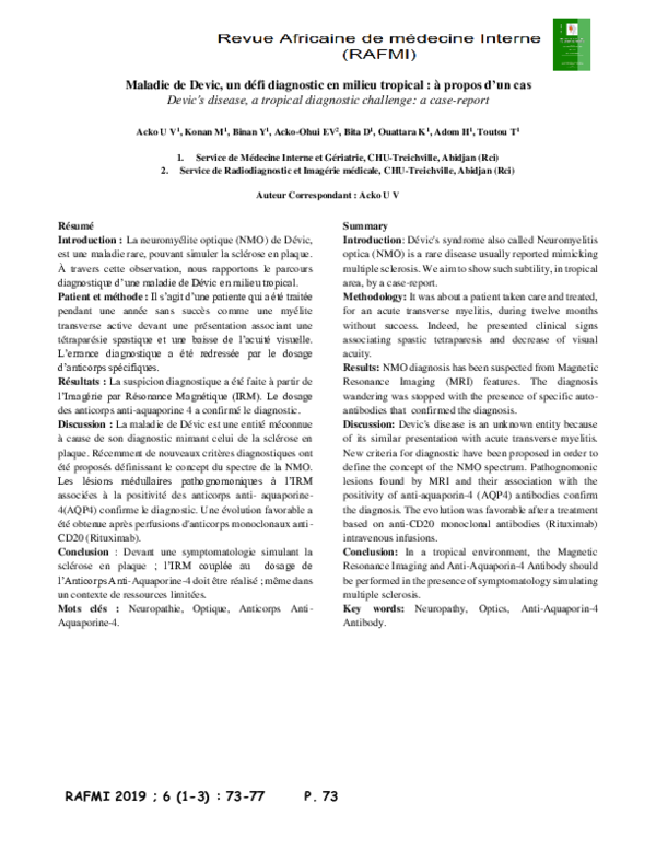 (PDF) Maladie de Devic, un défi diagnostic en milieu tropical : à ...