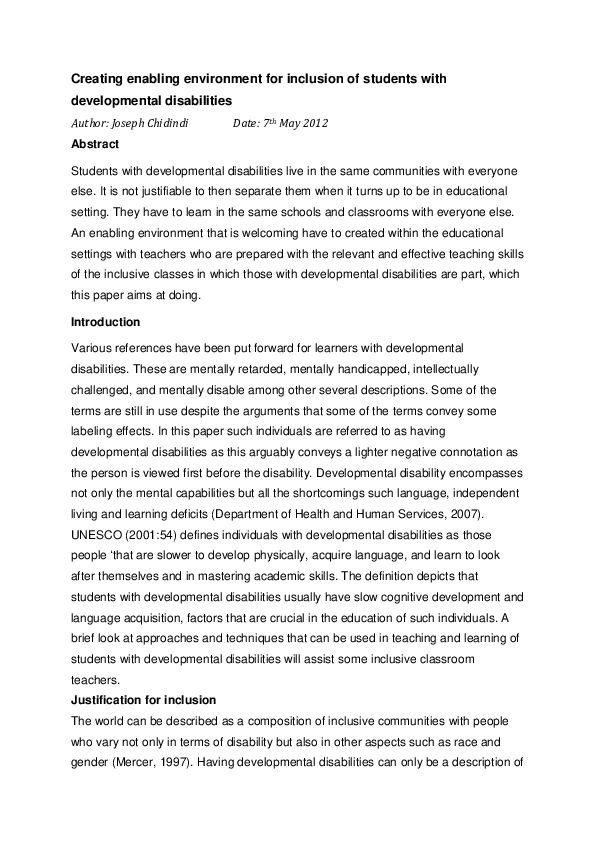 (PDF) Creating Enabling Environment for Inclusion for Students with Developmental Disabilities