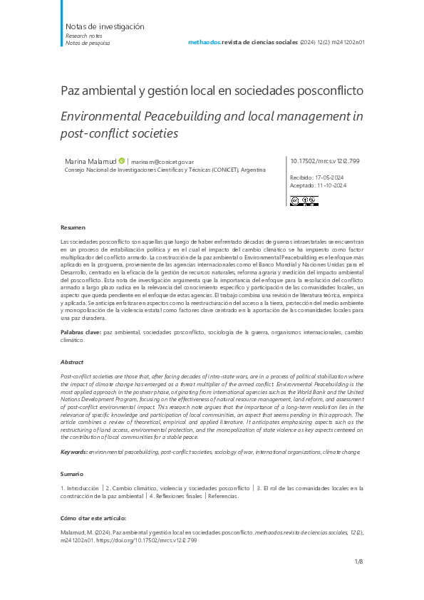 (PDF) Paz ambiental en sociedades posconflicto