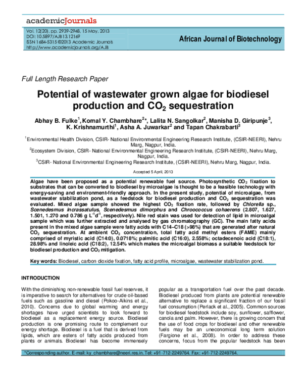 (PDF) Biodiesel production from algae grown on food industry wastewater