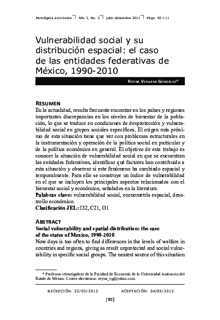 (PDF) Vulnerabilidad social y su distribución espacial: el caso de las entidades federativas de ...