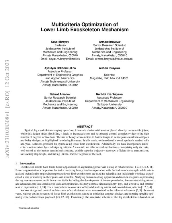 (PDF) Multicriteria Optimization of Lower Limb Exoskeleton Mechanism