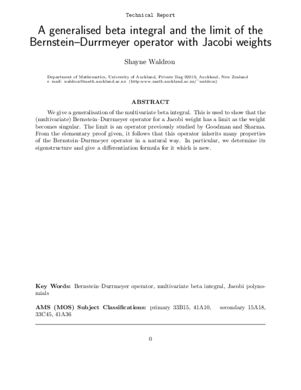 (PDF) A generalised beta integral and the limit of the Bernstein–Durrmeyer operator with Jacobi ...