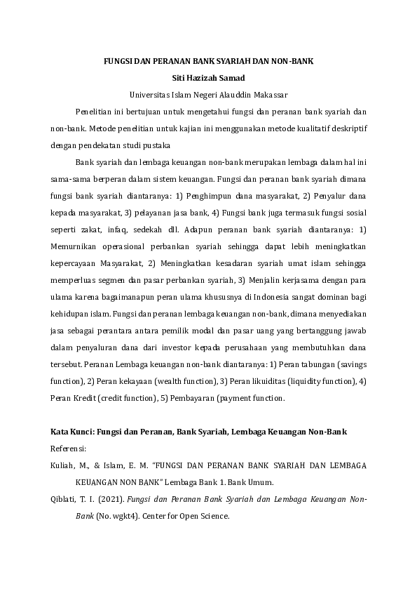(PDF) FUNGSI DAN PERANAN BANK SYARIAH DAN NON-BANK | Siti Hazizah Samad - Academia.edu