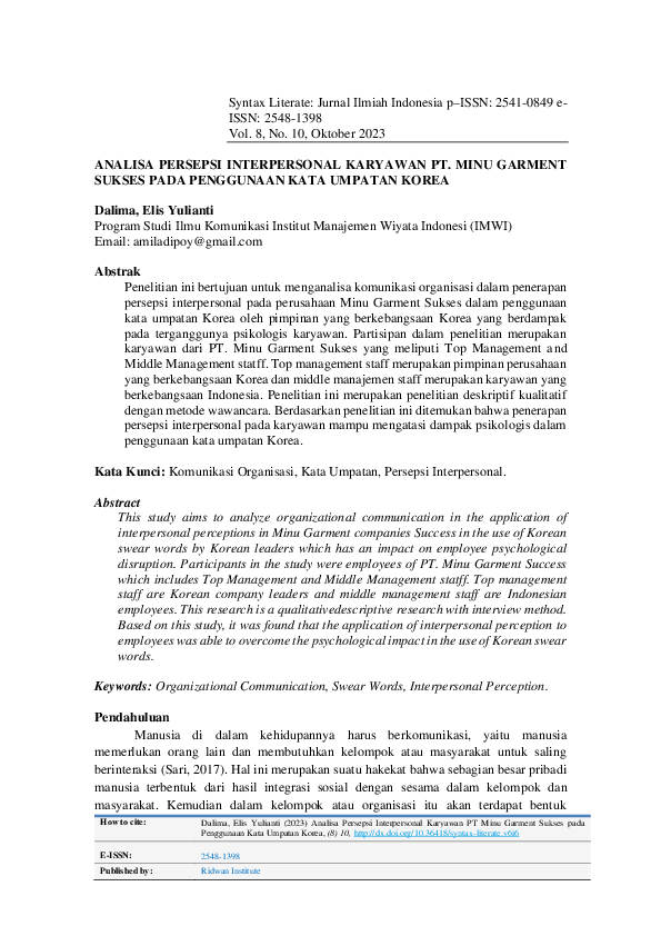 (PDF) Analisa Persepsi Interpersonal Karyawan PT Minu Garment Sukses ...