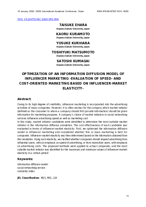 (PDF) Optimization of an Information Diffusion Model of Influencer Marketing -Evaluation of ...