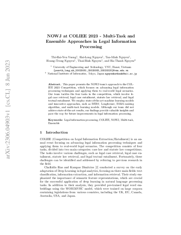 (PDF) NOWJ at COLIEE 2023 -- Multi-Task and Ensemble Approaches in Legal Information Processing