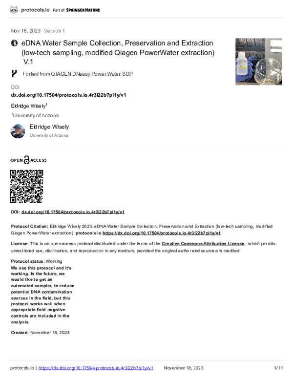 (PDF) eDNA Water Sample Collection, Preservation and Extraction (low-tech sampling, modified ...