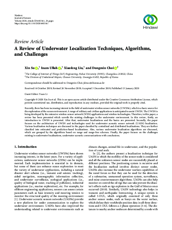 Pdf A Review Of Underwater Localization Techniques Algorithms And Challenges