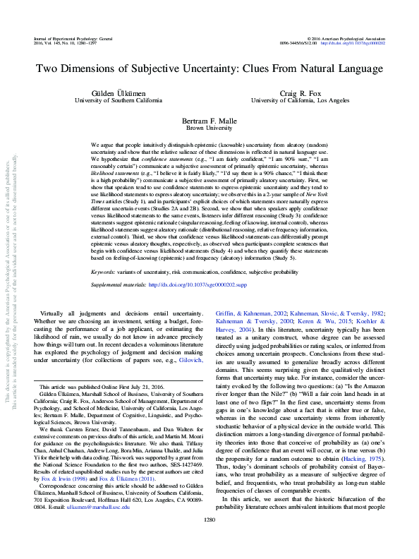 (PDF) Two Dimensions of Subjective Uncertainty: Clues from Natural Language