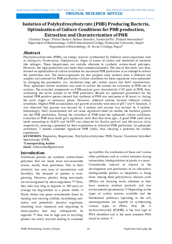 (PDF) Isolation of Polyhydroxybutyrate (PHB) Producing Bacteria, Optimization of Culture ...