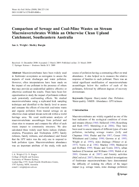 (PDF) Comparison of Sewage and Coal-Mine Wastes on Stream ...