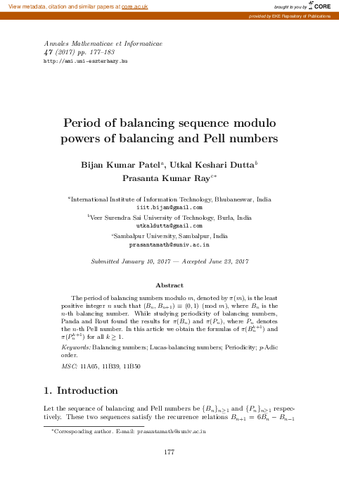 (PDF) Period of balancing sequence modulo powers of balancing and Pell ...