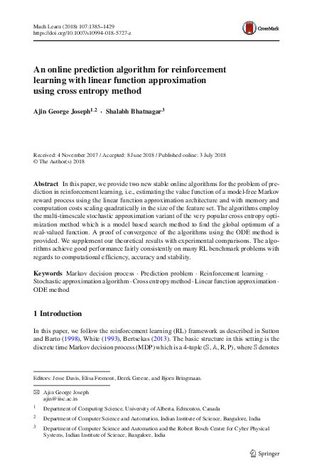 (PDF) An online prediction algorithm for reinforcement learning with linear function ...