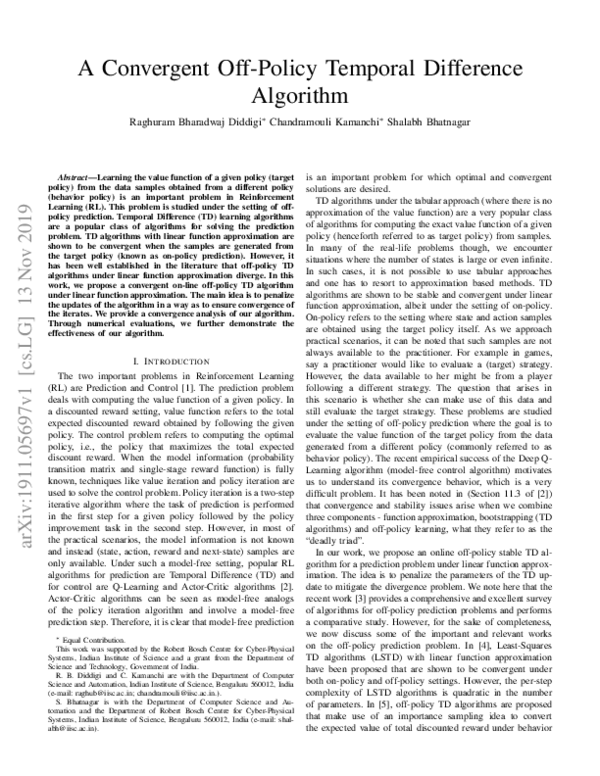 (PDF) A Convergent Off-Policy Temporal Difference Algorithm