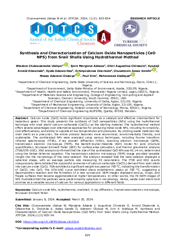 (PDF) Synthesis and Characterization of Calcium Oxide Nanoparticles ...